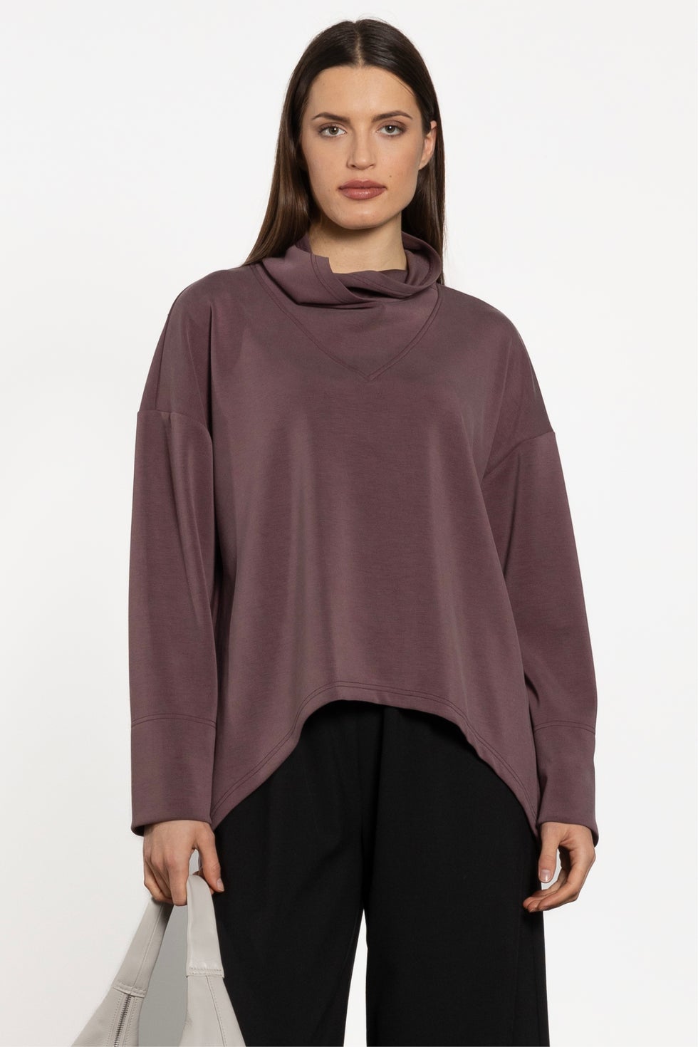 Addison Curved Hem Cowl Neck Sweatshirt in Brown | Repertoire