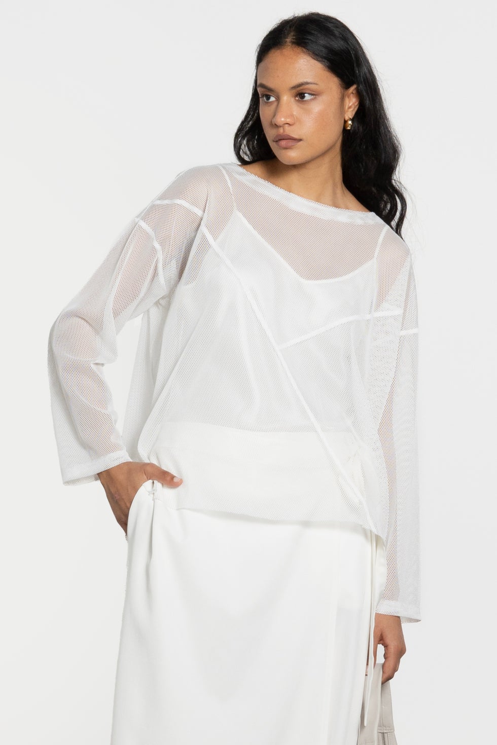 Bianca Long Sleeve Mesh Top in White | Repertoire