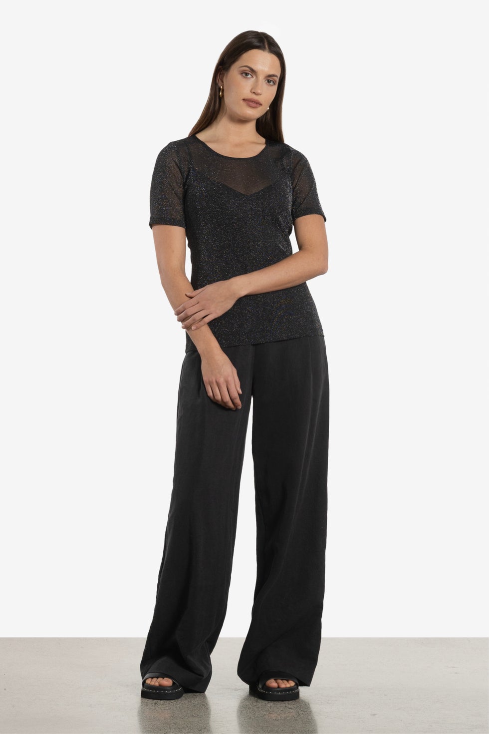 Jen Glitter Short Sleeve Mesh Layering Top in Black | REPERTOIRE ...